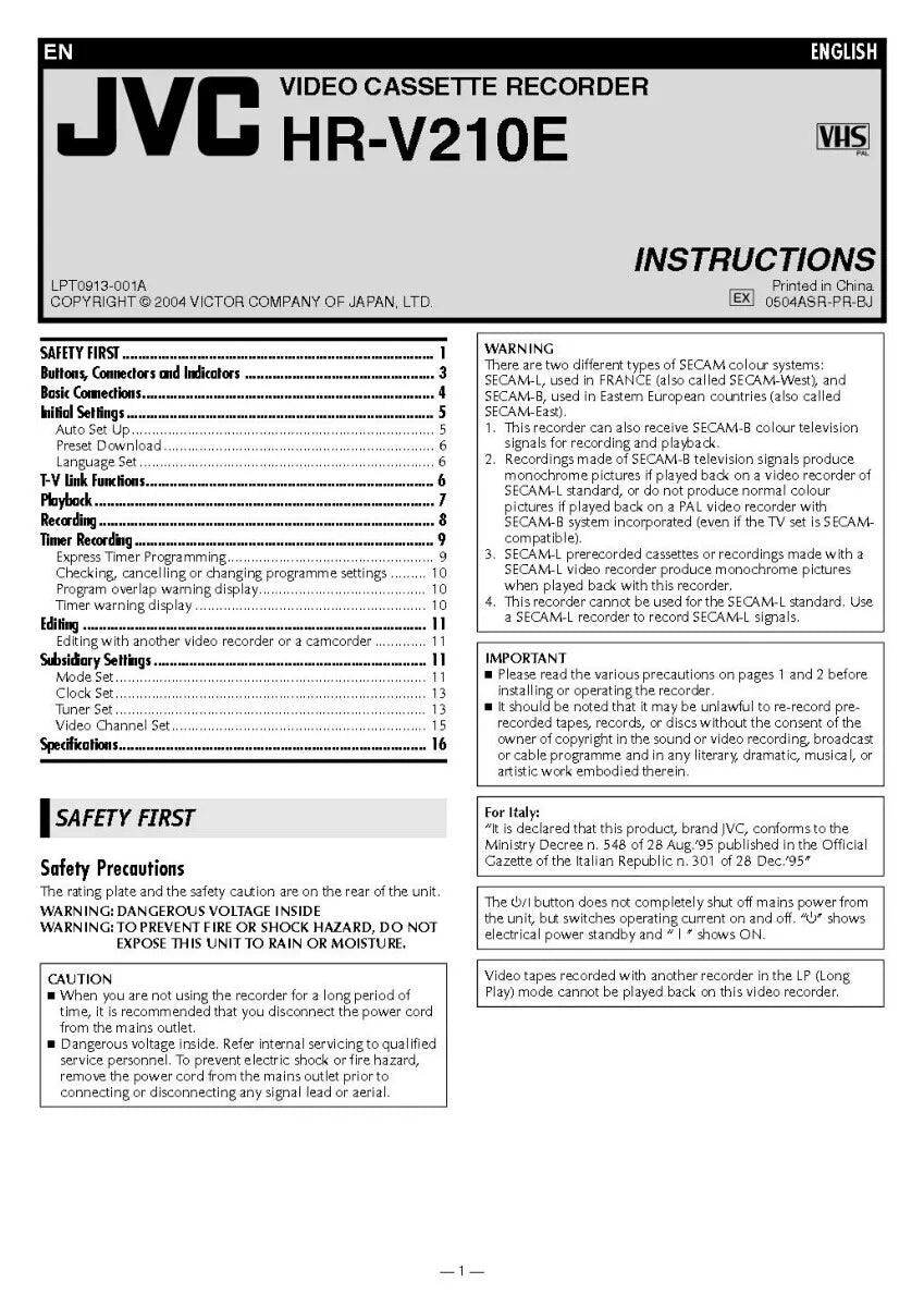JVC HR-V210E VCR Owners Instruction Manual – TekRevolt
