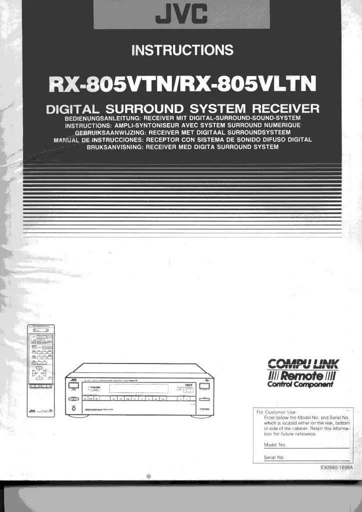 JVC RX-805 VTN RX-805VLTN Receiver Owners Instruction Manual – TekRevolt