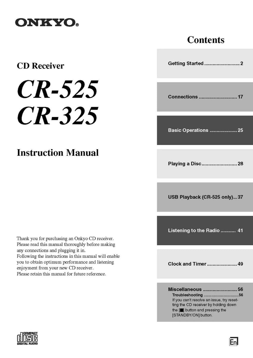 Onkyo CR-325 CR 525 CD Receiver Owners Manual – TekRevolt
