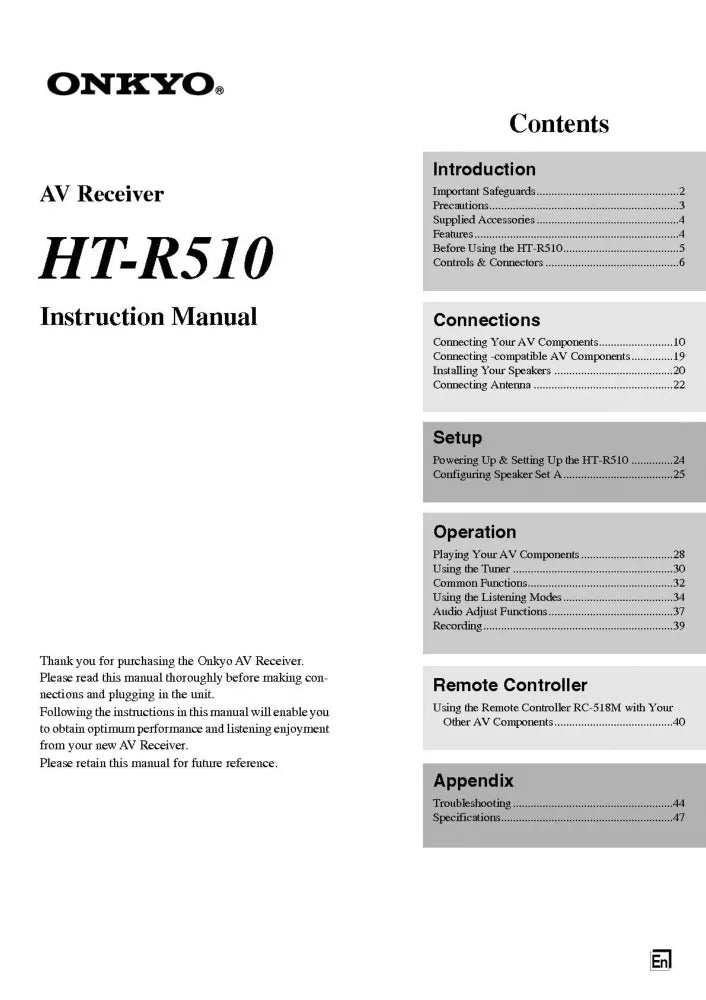 Onkyo Integra HT-R510 Receiver Owners Instruction Manual – TekRevolt