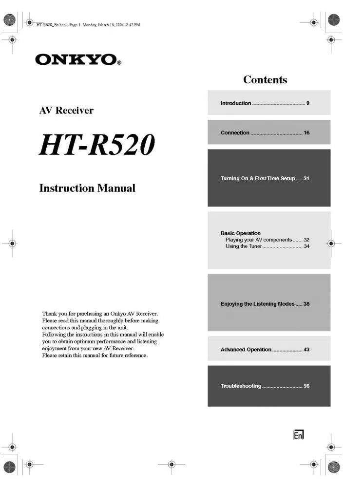 Onkyo Integra HT-R520 Receiver Owners Instruction Manual – TekRevolt