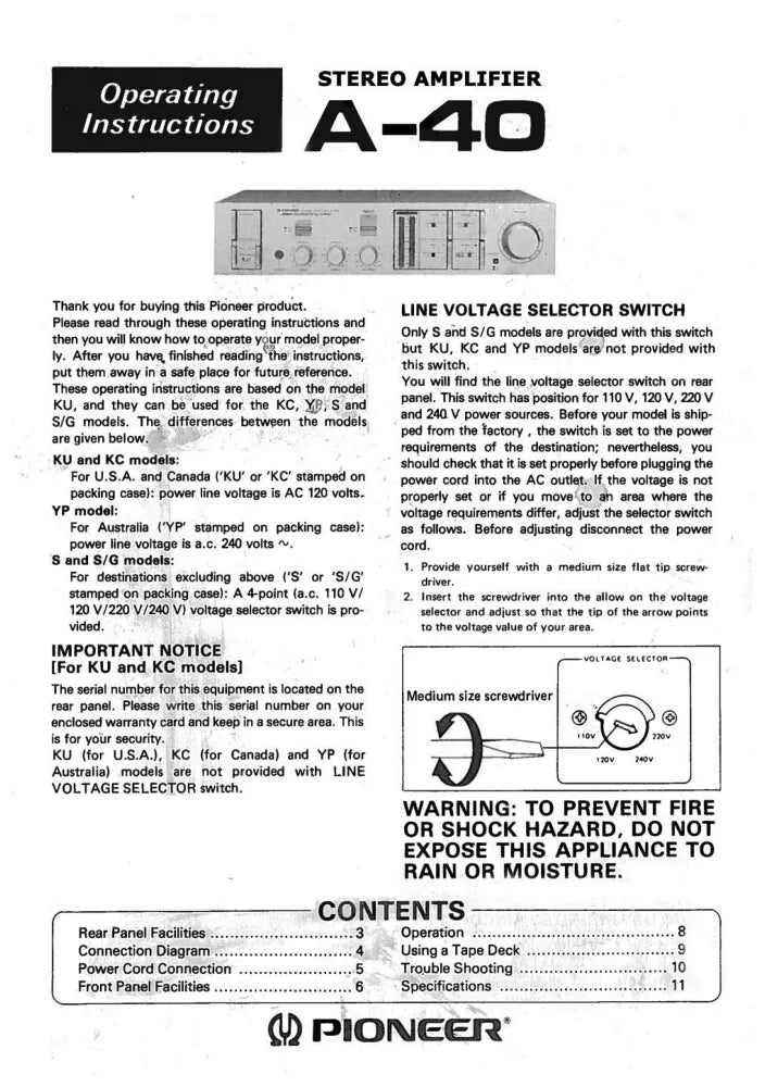 Pioneer A-40 Amplifier Owners Manual – TekRevolt