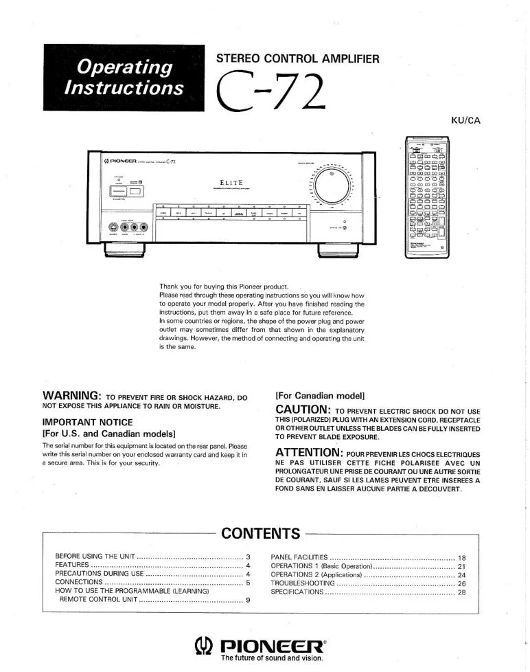 Pioneer C-72 Amplifier Owners Manual – TekRevolt