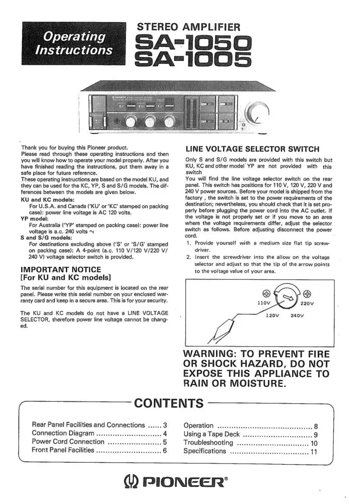 Pioneer SA-1005 Amplifier Owners Manual – TekRevolt