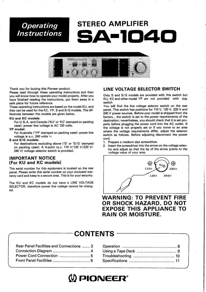 Pioneer SA-1040 Amplifier Owners Manual – TekRevolt