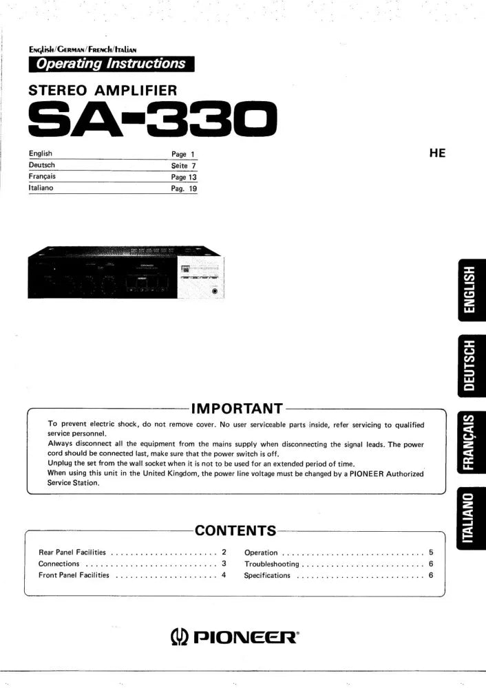 Pioneer SA-330 Amplifier Owners Manual – TekRevolt