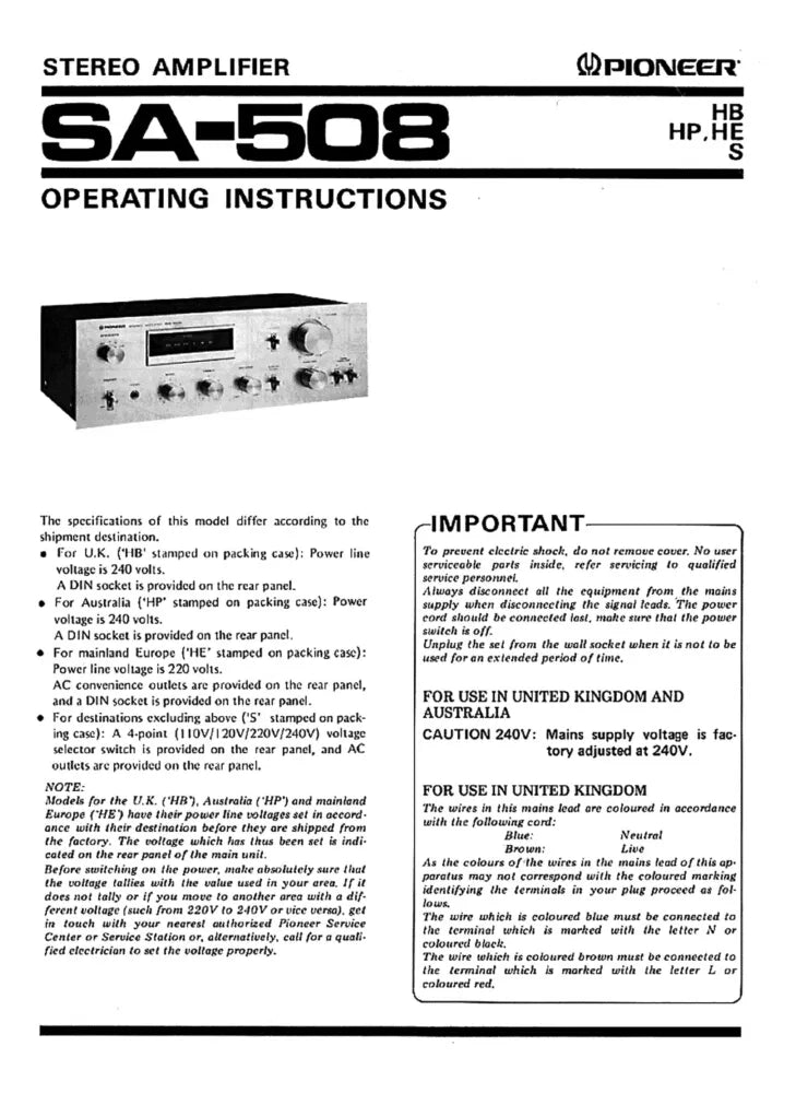 Pioneer SA-508 Amplifier Owners Manual – TekRevolt