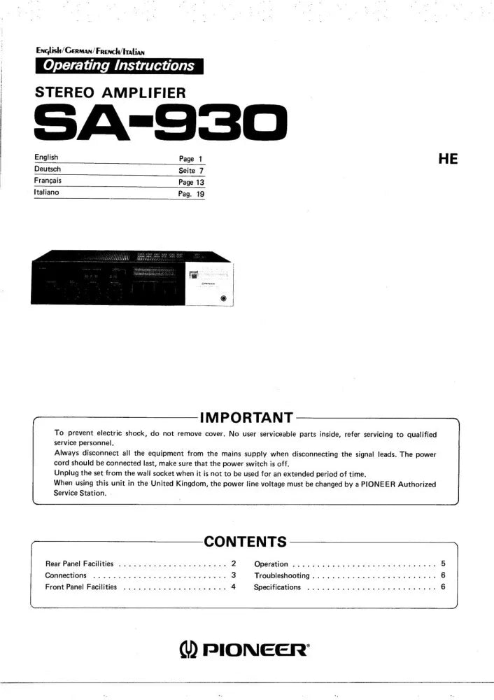 Pioneer SA-930 Amplifier Owners Manual – TekRevolt