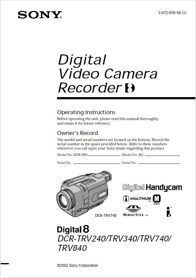 Sony DCR-TRV240 Camcorder Owners Manual – TekRevolt