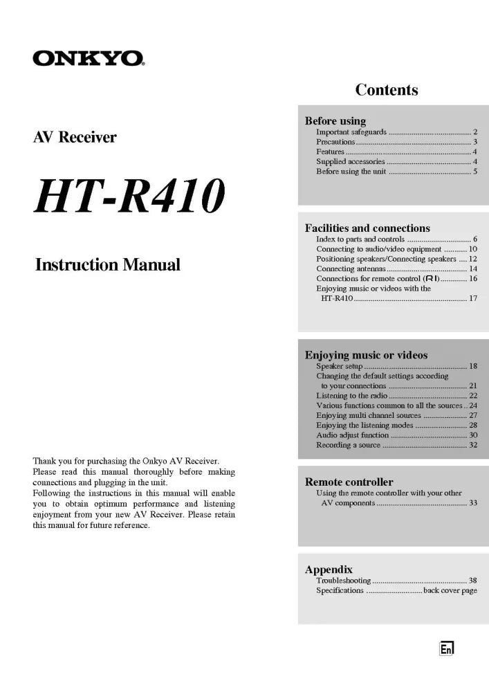 Onkyo Integra HT-R410 Receiver Owners Instruction Manual – TekRevolt