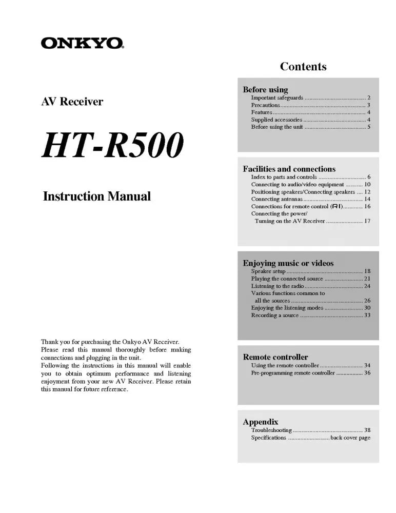 Onkyo Integra HT-R500 Receiver Owners Instruction Manual – TekRevolt