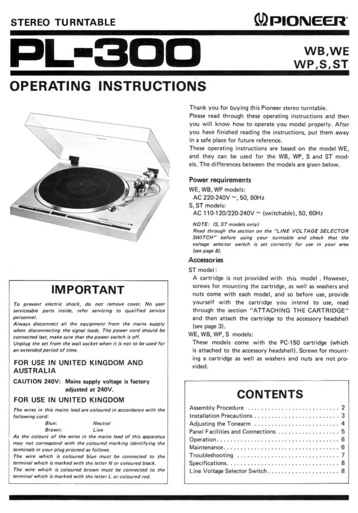 Pioneer PL-300 Turntable Owners Manual – TekRevolt