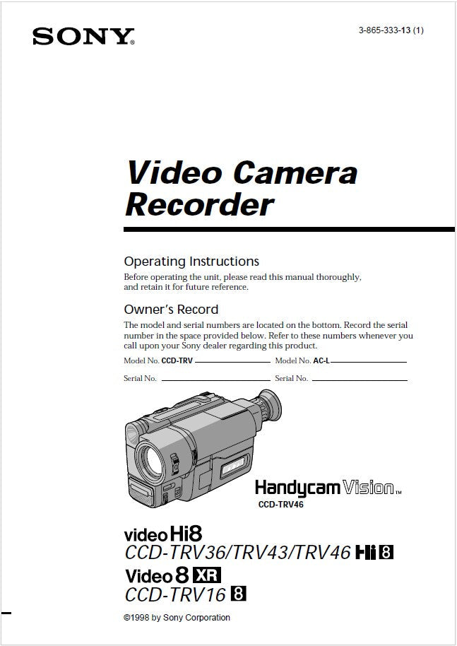 Sony CCD-TRV36 Camcorder Owners Manual – TekRevolt
