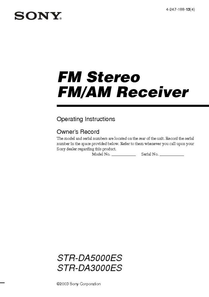 Sony STR-DA3300ES Amplifier Receiver Owners Instruction Manual – TekRevolt