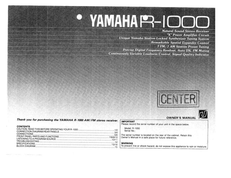 Yamaha R-1000 Receiver Owners Manual – TekRevolt
