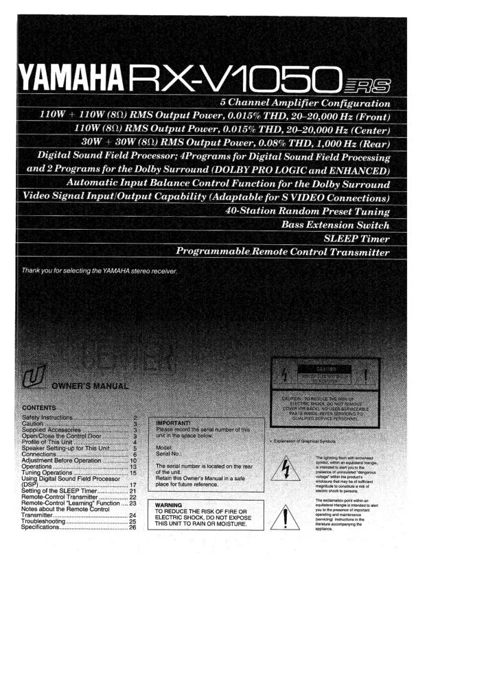 Yamaha RX-V1050 Receiver Owners Manual – TekRevolt